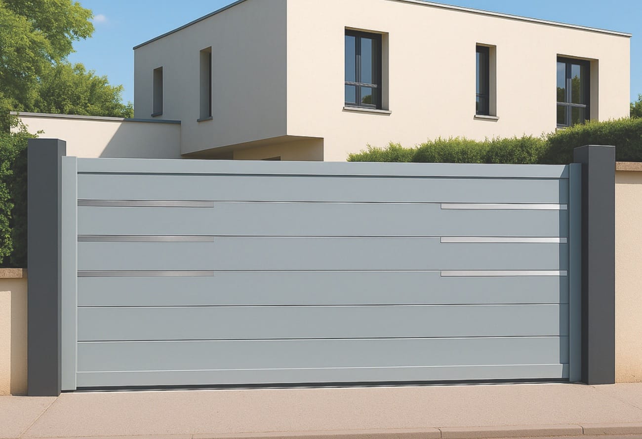Portail moderne alu coulissant, inserts alu : portail QUERI
